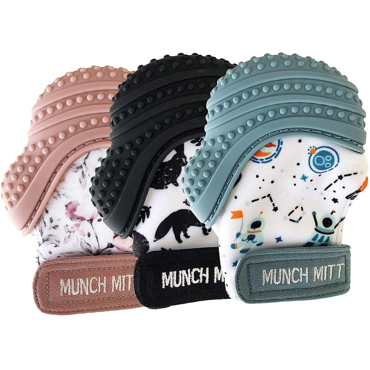 Malarkey Kids Munch Mitt 3-Pack | Baby Teething Mitten Protects Hands from Chewing & Saliva, Heals Aching Gums for Babies (Night Forest, Spring Flower, Outer Space) )