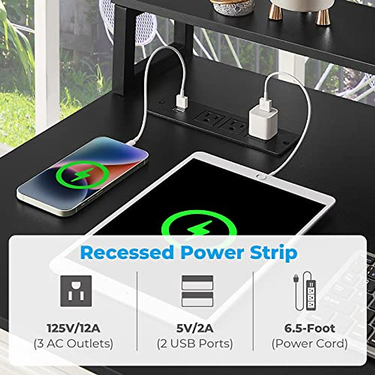 GreenForest Computer Desk with USB Charging Port and Power Outlet, Reversible Small Desk with Monitor Stand and Storage Shelves for Home Office, 40 in Work Desk with Cup Holder Hook, Black