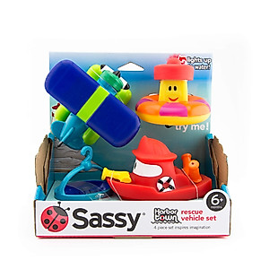 Sassy Harbor Town Rescue Set, 4 Pieces Include Squirter, Strainer, and a Buoy That Lights up in The Water, Ages 6+ Months
