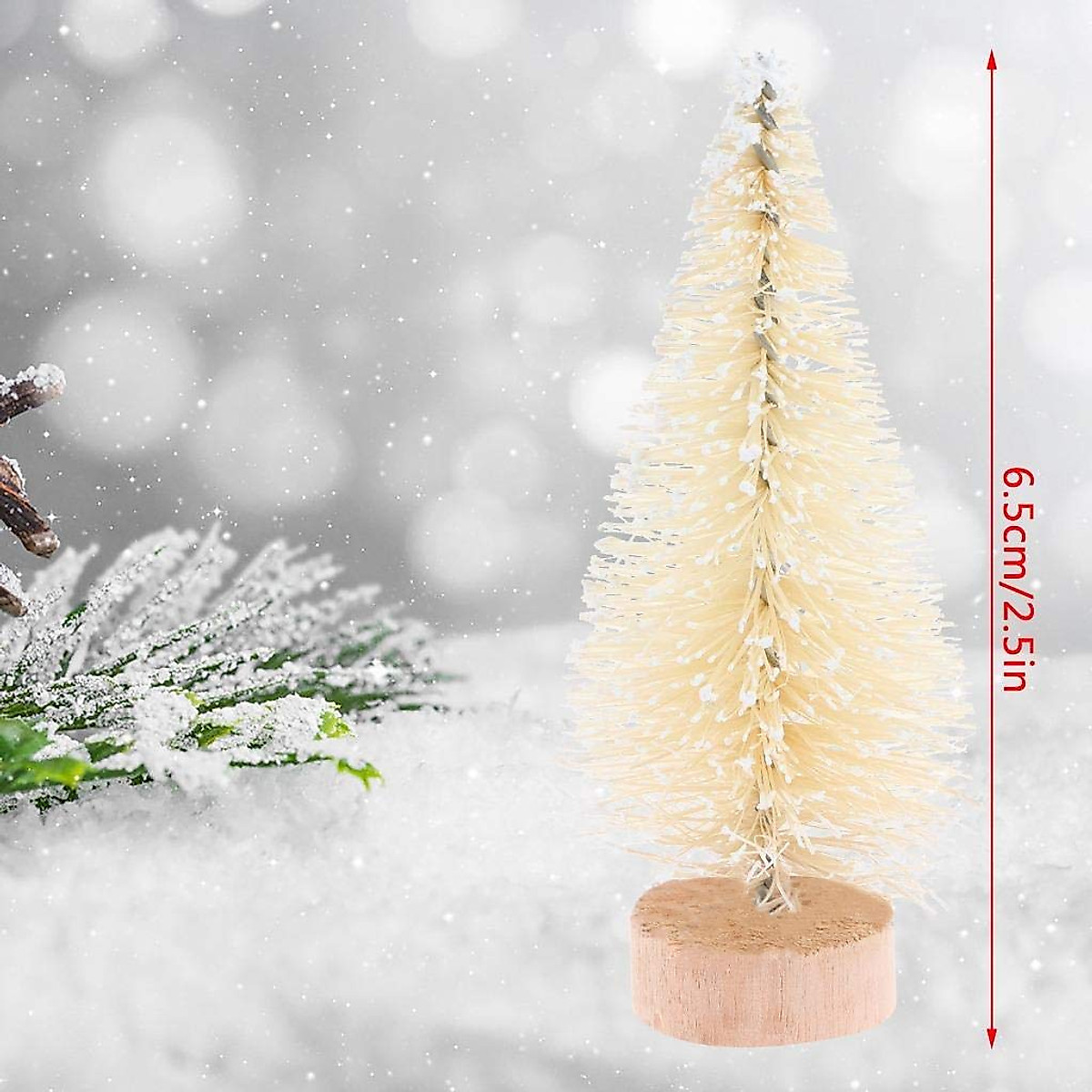 Ioffersuper 12Pcs Mini Sisal Trees with Wood Base Artificial Christmas Pine Trees Bottle Brush Trees for Winter Snow Miniature Scenes DIY Christmas Crafts Xmas Holiday Home Desk Tabletop Decor