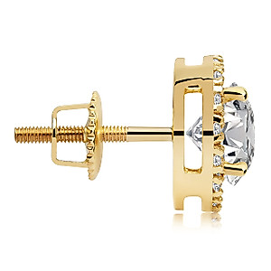 Everyday Elegance 14K Solid Yellow Gold Stud Earrings Round "Halo" Cubic Zirconia Screw Back Posts 1.20 CTW With Gift Box