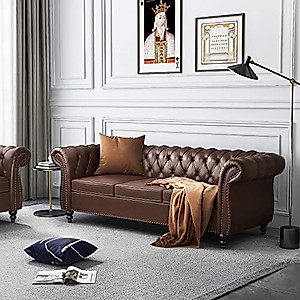 AVZEAR Leather Sofa 3 Seater Couch, Large Sofa Furniture Roll Arm Classic Tufted Chesterfield Settee Leather Sofa with Channel Tufted Seat Back for Living Room, Brown PU