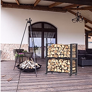 Luffioner 2 Tiers Rolling Firewood Rack,Foldable Firewood Log Storage Rack Holder with Wheels Fireside Log Rack for Indoor Fireplace or Outdoor,31"X25"x12"