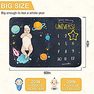 Baby Milestone Blanket - Cute Space Design Monthly Milestone Blanket for Baby Boy and Girl, Soft and Thick Flannel Material Wrapped with Milestone Stickers