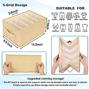 Fixwal 4pcs Wardrobe Clothes Organizer and Storage with Support Board Foldable Jean Closet Organizer for Drawer Washable Compartment Closet Organizers and Storage Bins for Pants Sweaters 5 Grids Beige