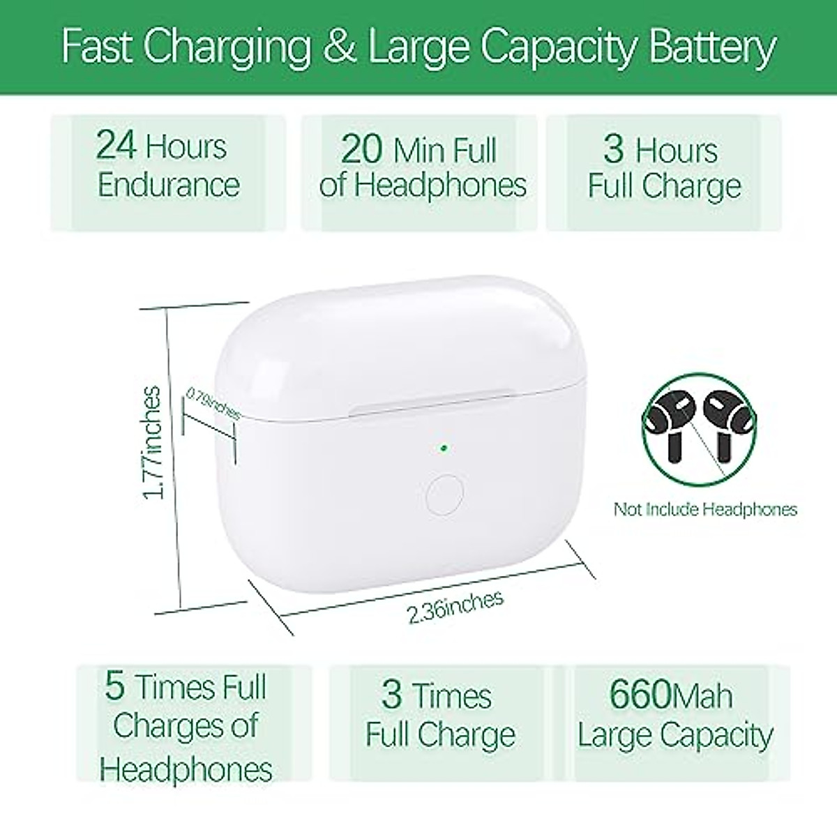 Wireless Charging Case Replacement for AirPods Pro, Wired Charger Case Only Compatible with AirPods Pro 1st & 2nd Gen, 660 mAh Built-in Battery, Support Pairing & Sync Button(Earbuds Not Included)