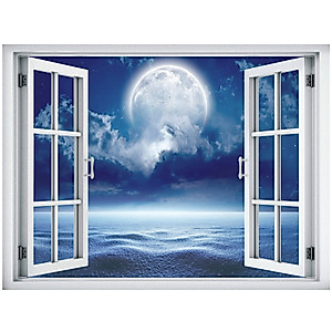 wall26 Removable Wall Sticker/Wall Mural Mystic Blue Full Moon Ocean Sea Horizon Astronomy & Space Nature Digital Art Realism Rustic Landscape Colorful for Living Room, Bedroom, Office - 36"x48"