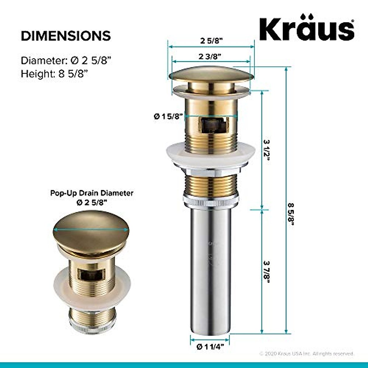 KRAUS Pop-Up Drain with Overflow in Brushed Gold, PU-11BG