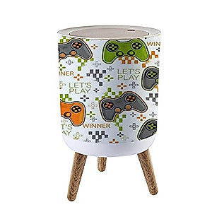 CAKOJV188 Round Trash Can with Press Lid Seamless Abstract with Colorful Joystick Game for Boys Small Garbage Can Trash Bin Dog-Proof Trash Can Wooden Legs Waste Bin Wastebasket 7L/1.8 Gallon