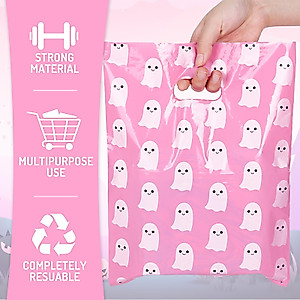 JarThenaAMCS 100Pcs Halloween Party Favor Bags Pink Ghost Halloween Treat Bags Plastic Candy Goodies Bags with Handles Party Favor Bags for Trick or Treat Party Birthday Baby Shower Wrapping Supplies