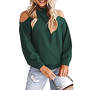 Angashion Women's Sweaters Casual Off Shoulder Tops Crossed V- Neck Long Sleeve Crop Halter Pullover Dark Green Medium