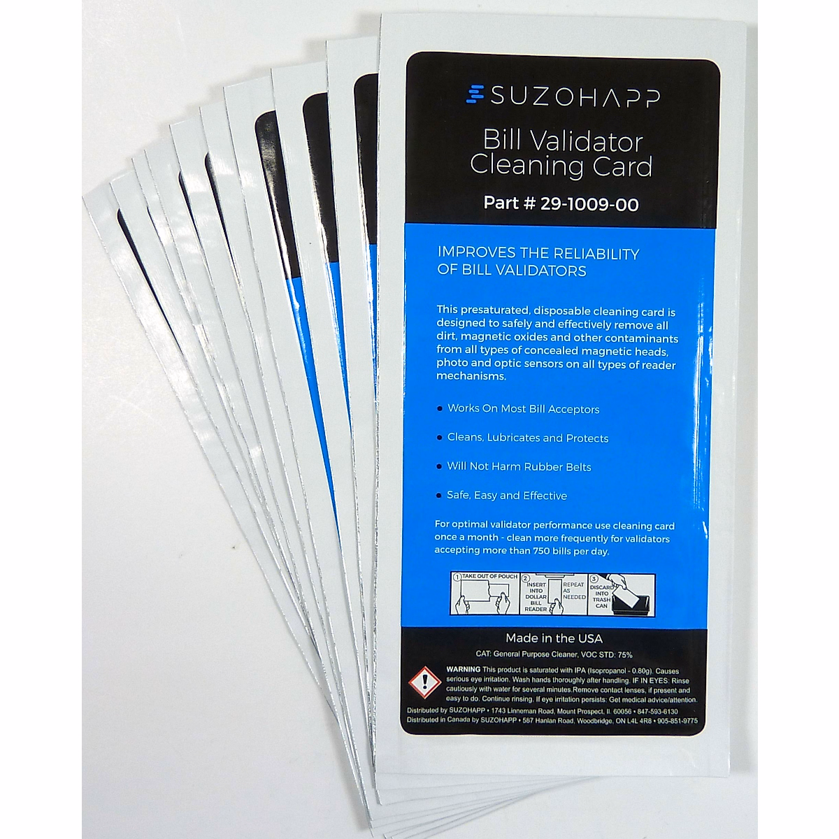 Dollar Bill Validator / Acceptor Pre-saturated Cleaning Card 10/pk