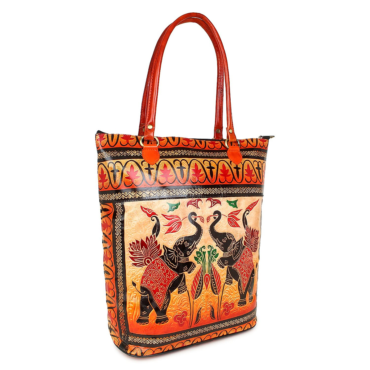 Twin Royal Elephants Design Ethnic Hand Embossed Shantiniketan Leather Indian Shopping Bag
