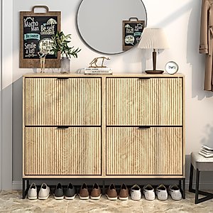 Jluomei Shoe Cabinet Storage for Entryway Slim Modern Shoe Rack Cabinet with 4 Flip Drawers Tipping Wooden Narrow Shoe Cabinet Freestanding Fluted Shoe Organizer for Living Room, Wood