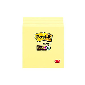 Post-it Super Sticky Notes, 3x3 in, 6 Pads, 2X the Sticking Power, Canary Yellow (654-6SSCY)