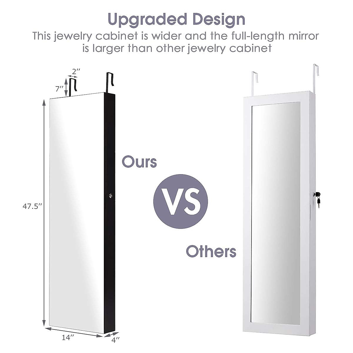 Giantex Wall Door Mounted Jewelry Armoire Cabinet with 47.5" H Full Length Mirror, 2 LEDs Lockable Jewelry Organizer Box with Bracelet Rod, 2 Drawers, Large Storage Capacity (Black)