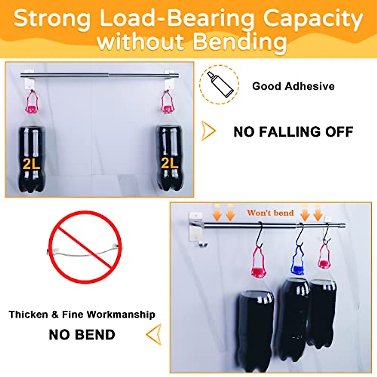 QMLALA Adjustable Towel Bar, Stainless Steel 14.5-23.6 Inches Towel Rack, Bathroom Kitchen Wall Shelf Expandable Hand Holder Towel Rod with Hooks Adhesive - Chrome