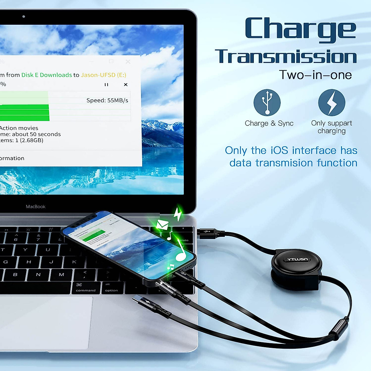 Multi Charger Cable 3A [4Ft 2Pack] Multi Charging Cable 3 in 1 Retractable Charging Cord Multi USB Cable with Lightning/Type C/Micro USB Port for Cell Phones/Samsung Galaxy/LG/Huawei/Tablets/PS & More