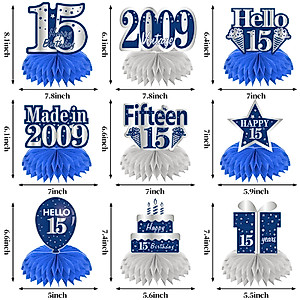 Bumqviy 9Pcs Happy 15th Birthday Honeycomb Centerpieces Decorations with String Lights for Boy, Blue Silver Made in 2009 Table Centerpieces Party Supplies, Fifteen Year Old Birthday Table Toppers Sign