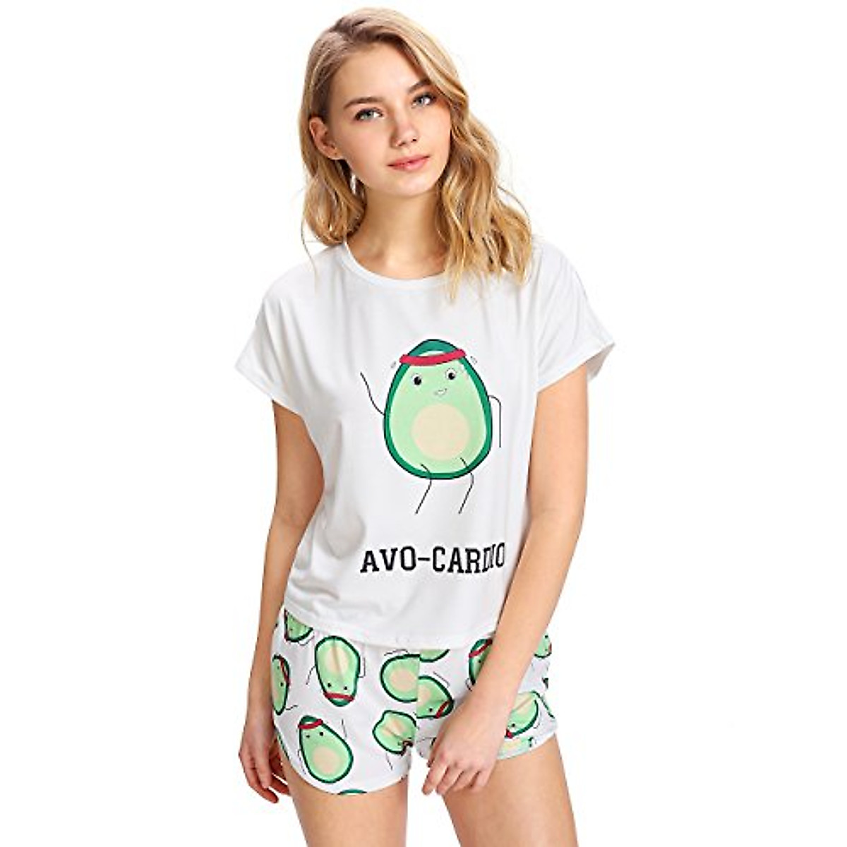 Floerns Women's 2 Piece Pajama Sets Cartoon and Graphic Print Sleepwear Tops and Drawstring Pajama Shorts A White L