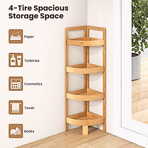 COSTWAY 4 Tier Corner Shelf, 31.5" Bamboo Bookshelf Standing Storage Rack w/Fall Prevention Rail, Ladder Shelf, Freestanding Bathroom Shelf for Bathroom, Living Room, Bedroom, Kitchen, Natural