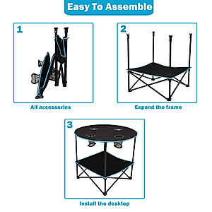 LUCKYERMORE Portable Camping Table, Folding Picnic Tables with 4 Cup Holders and Storage Rack, Carry Bag Included, Lightweight Tailgate Beach Table for Outside BBQ Picnic Beach, Black & Blue