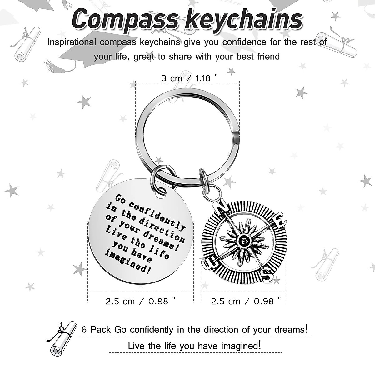 Junkin 6 Pcs Inspirational Keychains Gift, Inspirational Quotes, Go Confidently in the Direction of Your Dreams Compass Key Chain for Employee Appreciation Encouragement Gifts