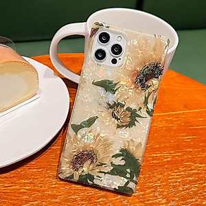 KERZZIL Square Edge Compatible with iPhone 13 Pro Max Mother-of-Pearl Case,Chic Slim Sunflower Pattern Soft TPU Silicone Rubber Gel Protective Bumper Cases Cover(Green)