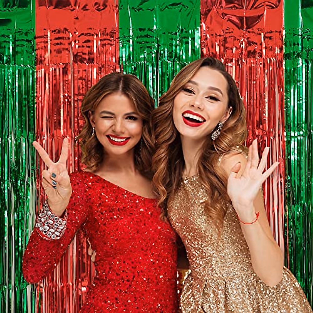 LYUBASA 3 Pack Christmas Party Decorations, Red and Green Tinsel Foil Fringe Curtains,Ugly Sweater theme Photo Booth Prop Streamer Backdrop decor Indoor outdoor Party Supplies for Happy New Year party