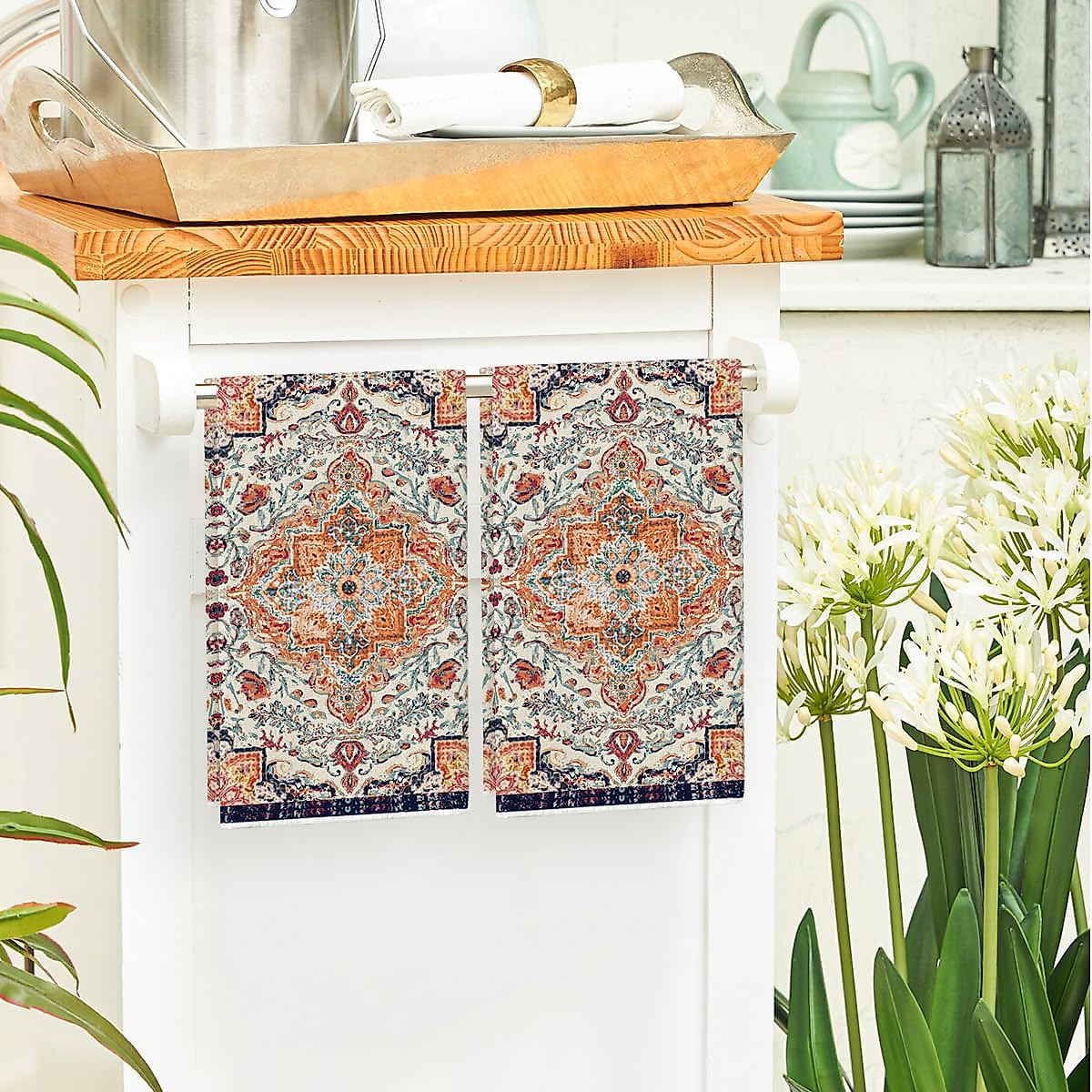 Artoid Mode Orange Flowers Bohemia Boho Kitchen Towels Dish Towels, 18x26 Inch Daily Seasonal Decoration Hand Towels Set of 2