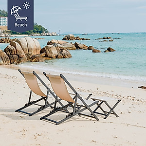 RICNOD Outdoor Sling Chairs Set of 2 Portable Folding Aluminum Reclining Lounge Chairs Adjustable Patio Deck Chairs with Headrest, 2 Folding Stools, Beige