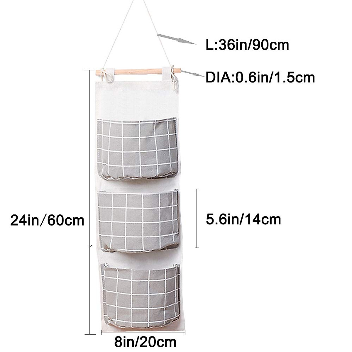 2 Pcs Dndo Wall Door Closet Hanging Storage Bag, Over The Door Closet Organizer with 3 Pockets, Linen Cotton Fabric Hanging Storage Pouches for Bedroom Bathroom- Waterproof & Stylish (Gray/White)