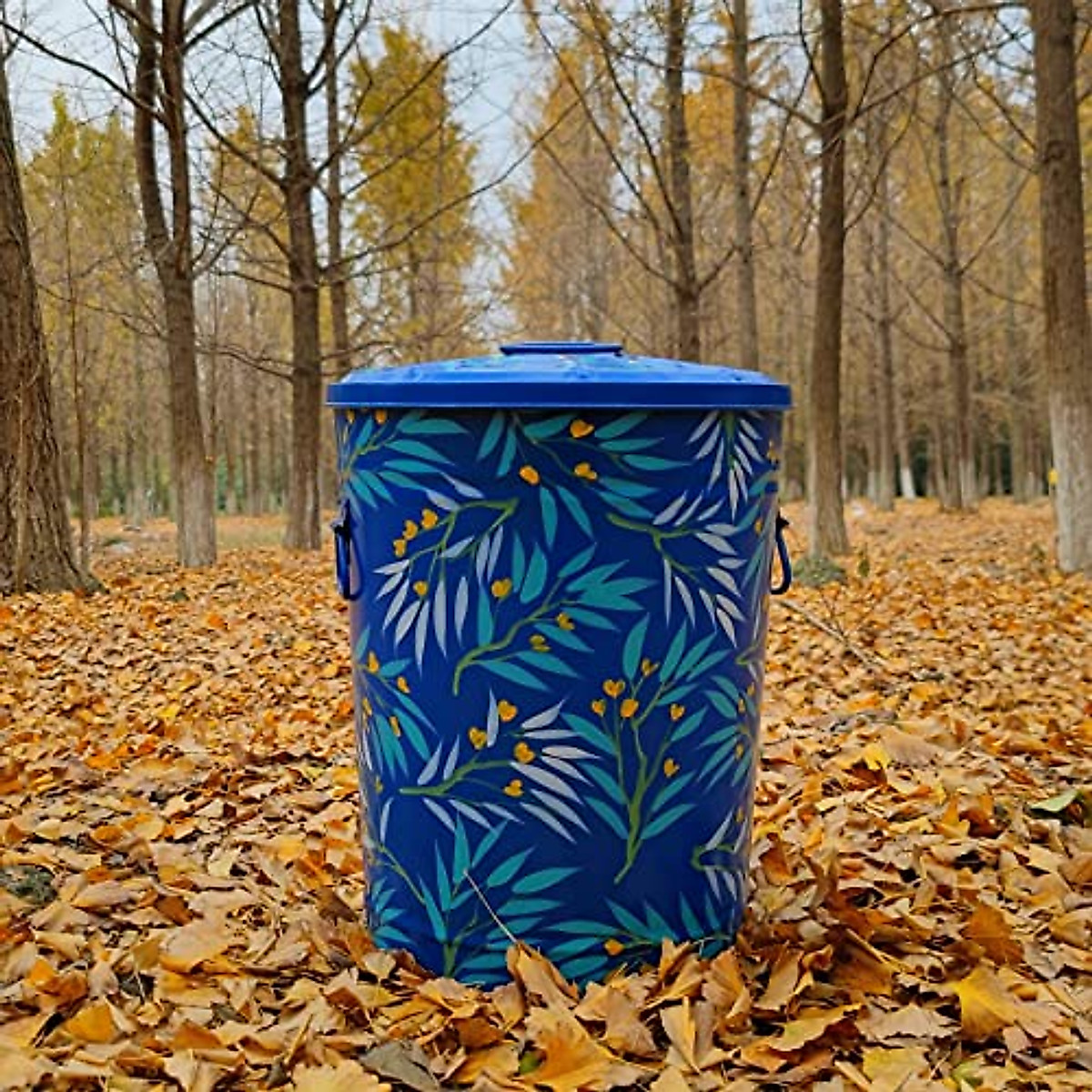 HOZUSO Hand Painted Metal Trash Can with Lid Recycling Canister Storage Organization Decorative Garbage Can Waste Bin for Kitchen Living Room Home Patio Yard Home Decor 10 Gallons