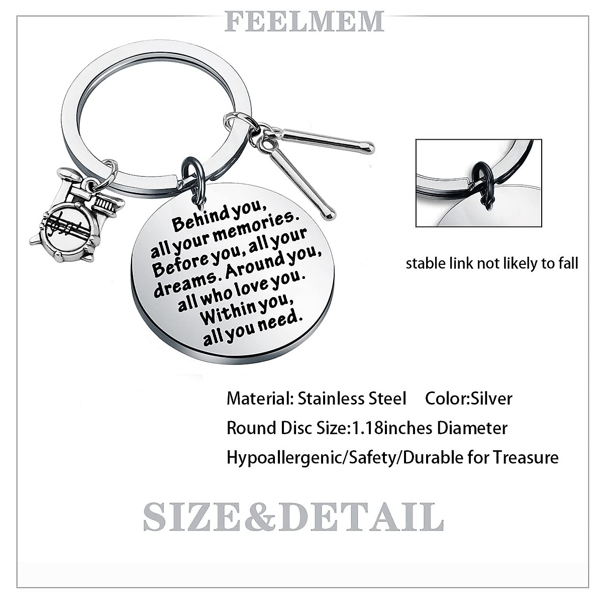FEELMEM Drummer Gift Behind You All Your Memories Keychain Drum Kit Gifts Musician Jewelry Music Student Graduation Gift Percussion Jewelry (Drummer-ky)