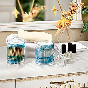ALAZA 4 Pack Qtip Holder Dispenser Teal Turquoise Marble Bathroom Organizer Canisters for Cotton Balls/Swabs/Pads/Floss,Blue Marble Plastic Apothecary Jars for Vanity