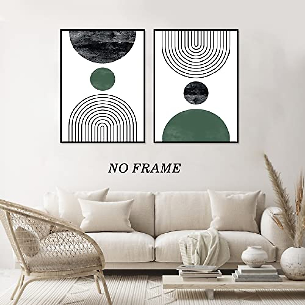 Mid Century Modern Wall Art Boho Abstract Painting Green Geometric Print Minimalist Boho Pictures Olive Green Poster Geometric Abstract Painting Black Line Boho Wall Art for Bedroom 16x24inx2 No Frame