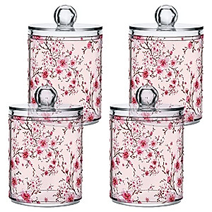 MNSRUU 2 Pack Qtip Holder Organizer Dispenser Pink Cherry Tree Bathroom Storage Canister Cotton Ball Holder Bathroom Containers for Cotton Swabs/Pads/Floss
