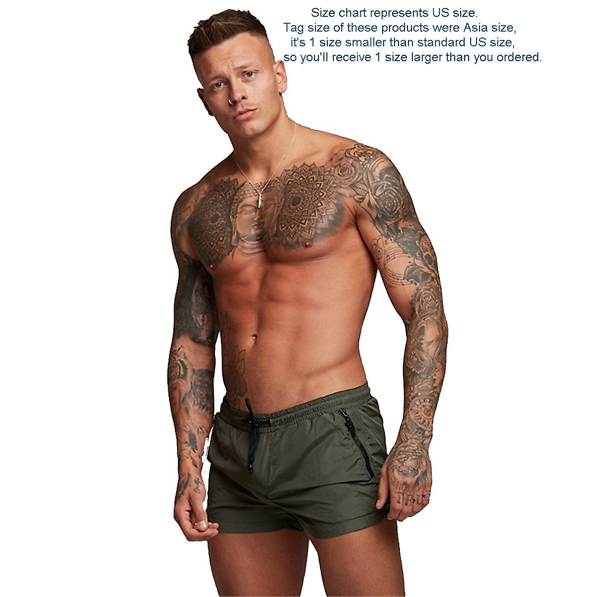 TONLEN Mens Swimwear Sports Shorts Swim Trunks with Zipper Pockets (US, Alpha, Large, Regular, Regular, Army Green)