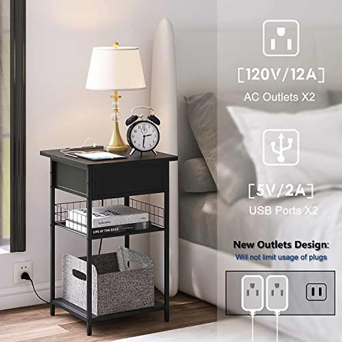 Nightstand with USB Ports and Outlets, Bedside End Table with Storage Shelf Bed Couch Sofa Side Table with Charging Station Rustic Accent Table Small Wood Night Stands for Bedroom, Living Room, Black