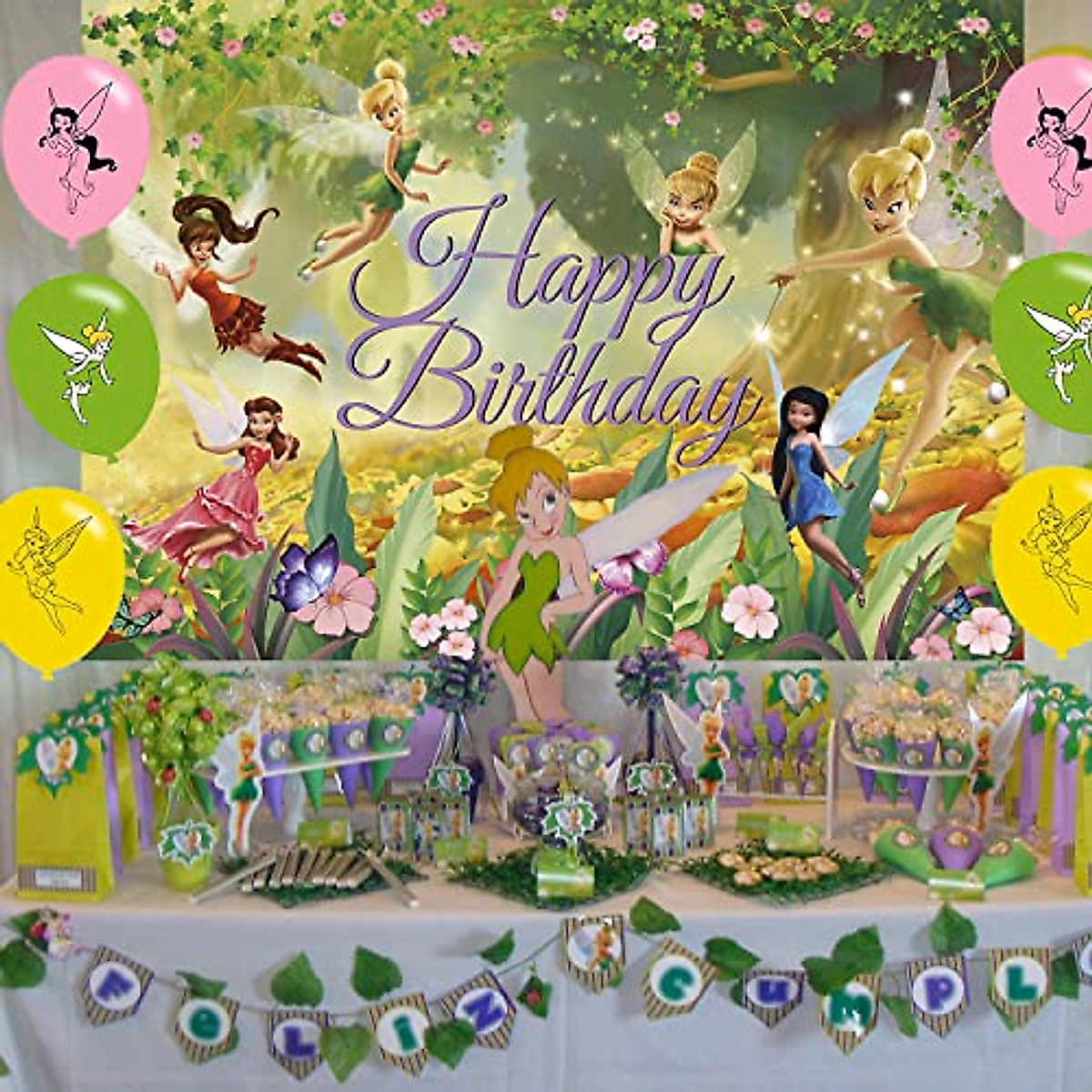 SAIAODI Tinkerbell Birthday Party Banner Backdrop, Fairy Flower Party Decorations for Kid Party Supplies Happy Birthday Banner Tinkerbell Teme Party Decorations Photography Background