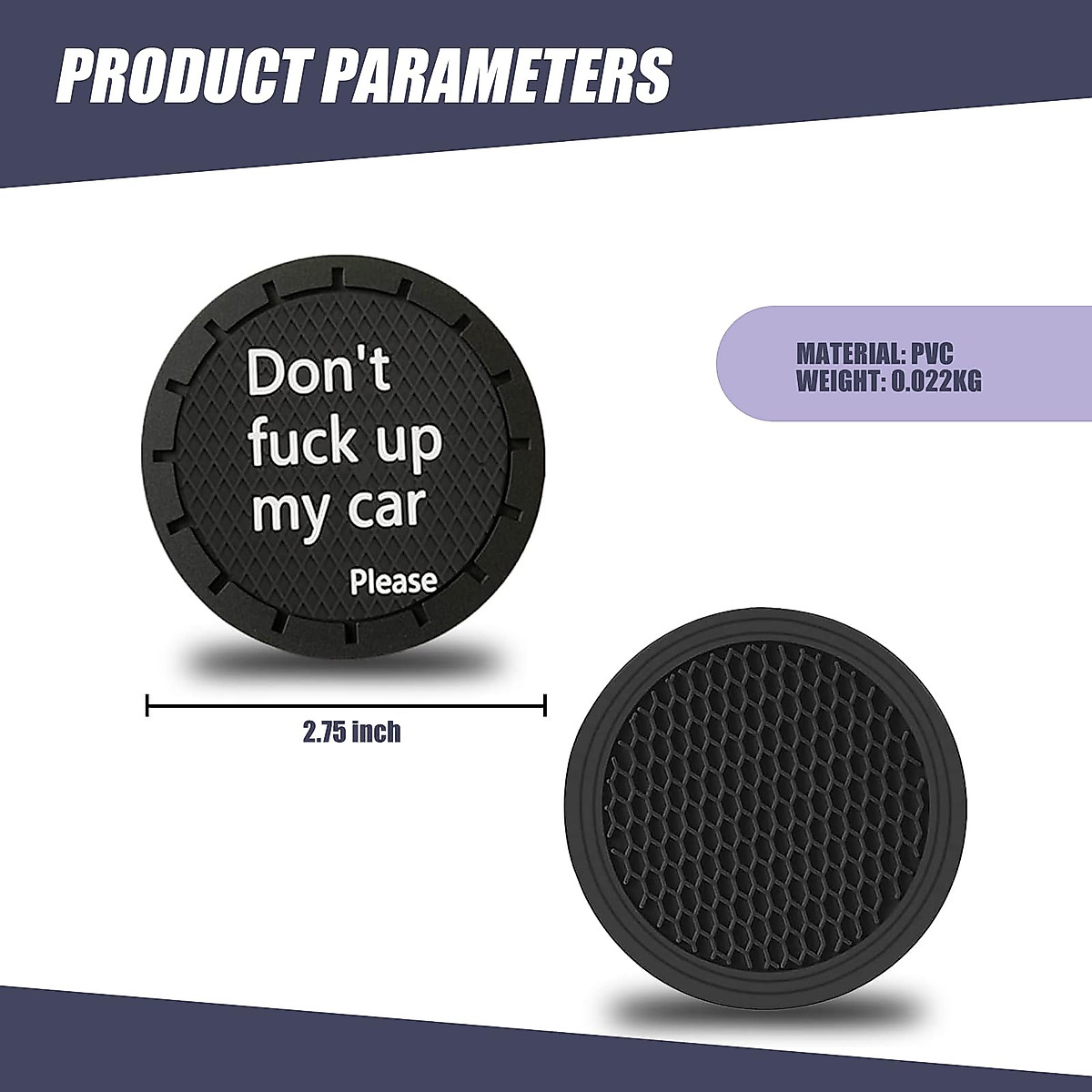 UGSHY 2 PCS Car Cup Hoder Coaster, 2.75" PVC Non-Slip Insulated Honeycomb Coaster Decoration, Don't Fuck up My car Coasters, Universal Interior Accessories for Most Cars (Black)