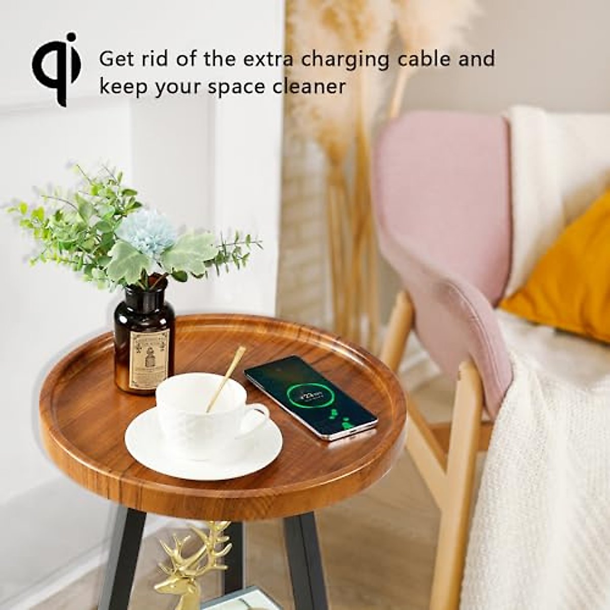 Hadulcet Small End Table with Charging Station, Small Side Table for Small Spaces, Small Nightstand Bedside Table, Small Round Side Tables Bedroom, Small Round End Tables Living Room, Small Table