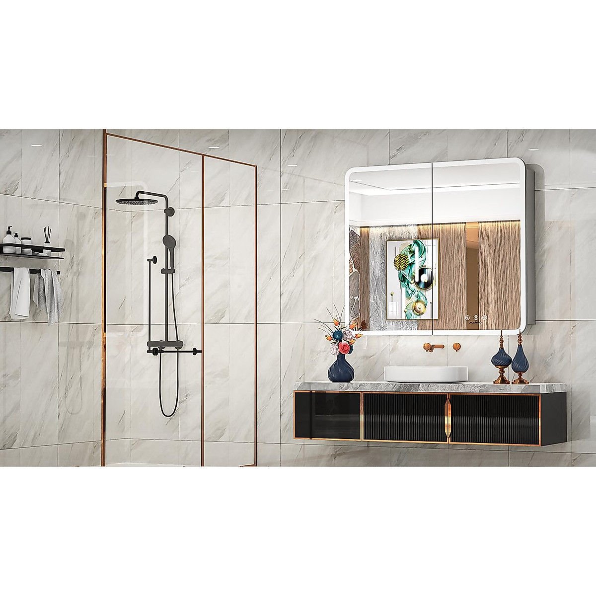 ACEMIRO Bathroom Medicine Cabinet with Lights, 36×32 Inch LED Bathroom Mirror Cabinet with Lights, Defogger, Dimmer, Lighted Medicine Cabinet with RGB Backlit+3 Color Front Light, Wall Mounted