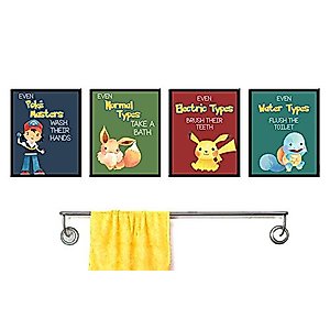 Even Electric Types Brush Teeth Take A Bath Wash Hands Bathroom Wall Art Decor Prints Reminders Poster Sign (Set of Four) Pocket Monster