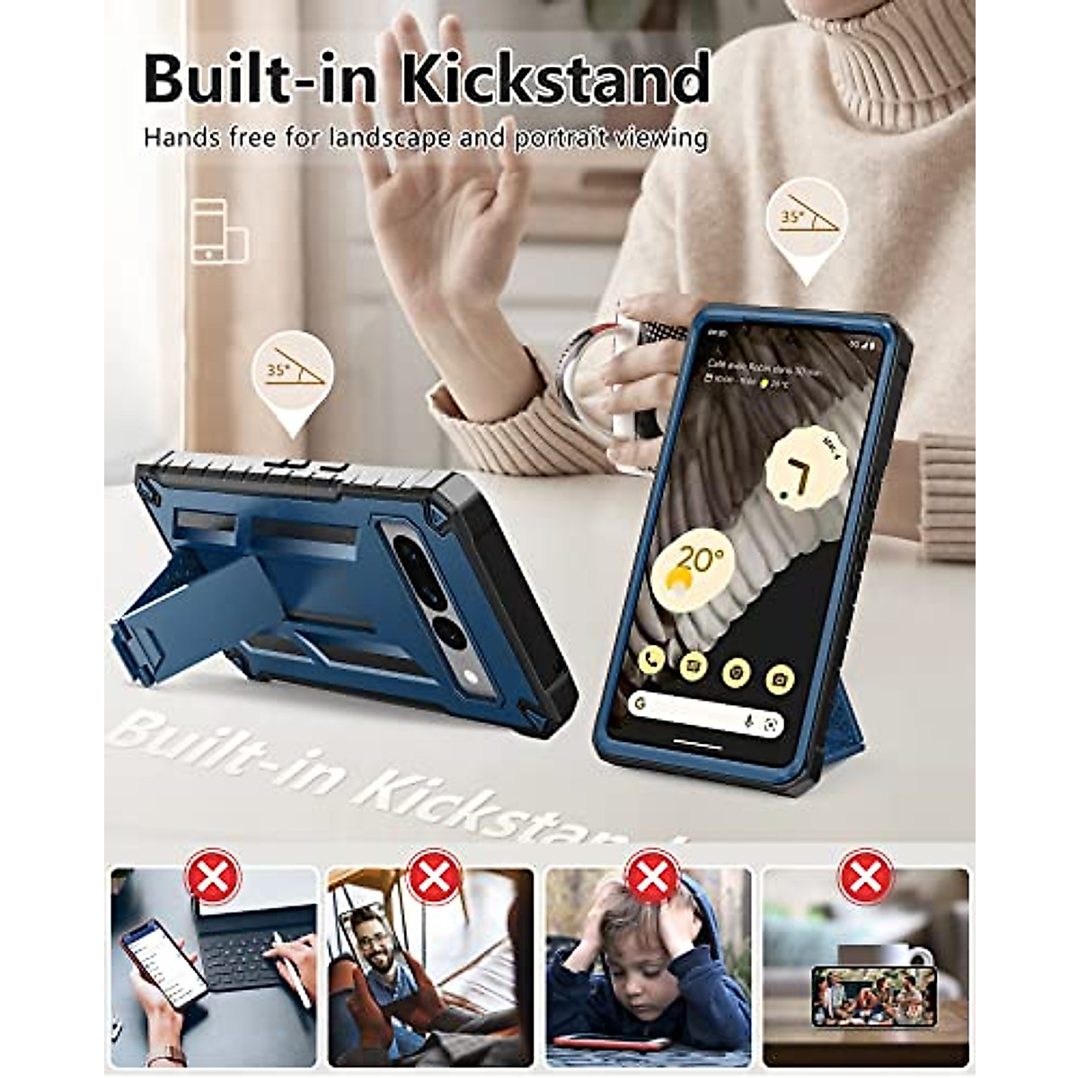 FNTCASE for Google Pixel 7-Pro Phone Case: Rugged Shockproof Protective Holster Clip & Kickstand Case with Built-in Screen Protector | Tough Dual Layer Heavy Duty Protection Cell Phone Cover (Blue)