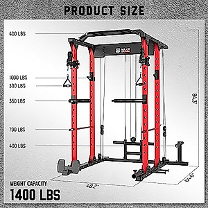 MAJOR LUTIE Power Cage with 230LBS Competition Bumper Plates and Olympic Barbell, PLM03 All-in-One Power Rack with Adjustable Cable Crossover System and Exercise Machine Attachment Red