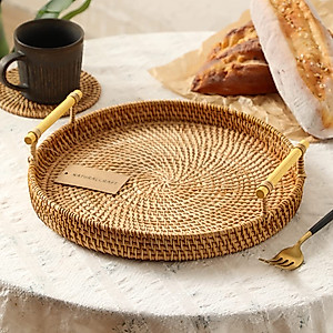 Round Rattan Coffee Table Tray with Handles - Woven Basket Food Decorative Tray ，Handmade Rattan Serving Tray with Handles ，Adorable Natural Bamboo Tray for Ottoman Coffee Table (Large/11 inch)