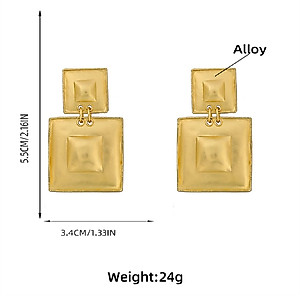 Golden Square Geometric Earrings, Gold Rectangle Statement Dangle Earrings for Women, Bohemian Square Earrings, Gold Square Stud Earrings Boho Jewelry, Zinc, no