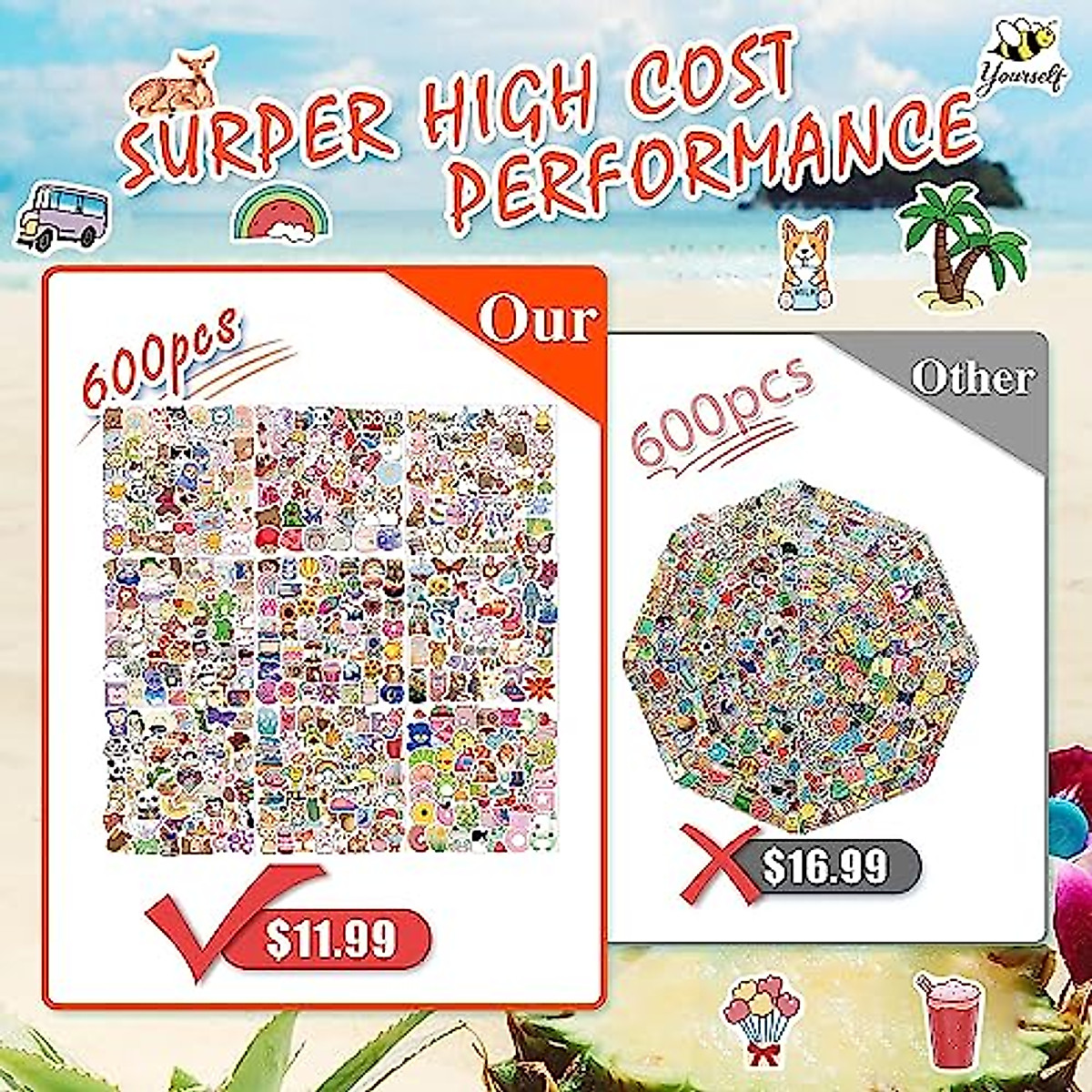 600 PCS Stickers Pack, Cute Colorful Waterproof Stickers, Vinyl Art Stickers.Stickers for Water Bottles, Skateboards and Notebooks, Laptop Stickers for Teens Girls Kids Adults