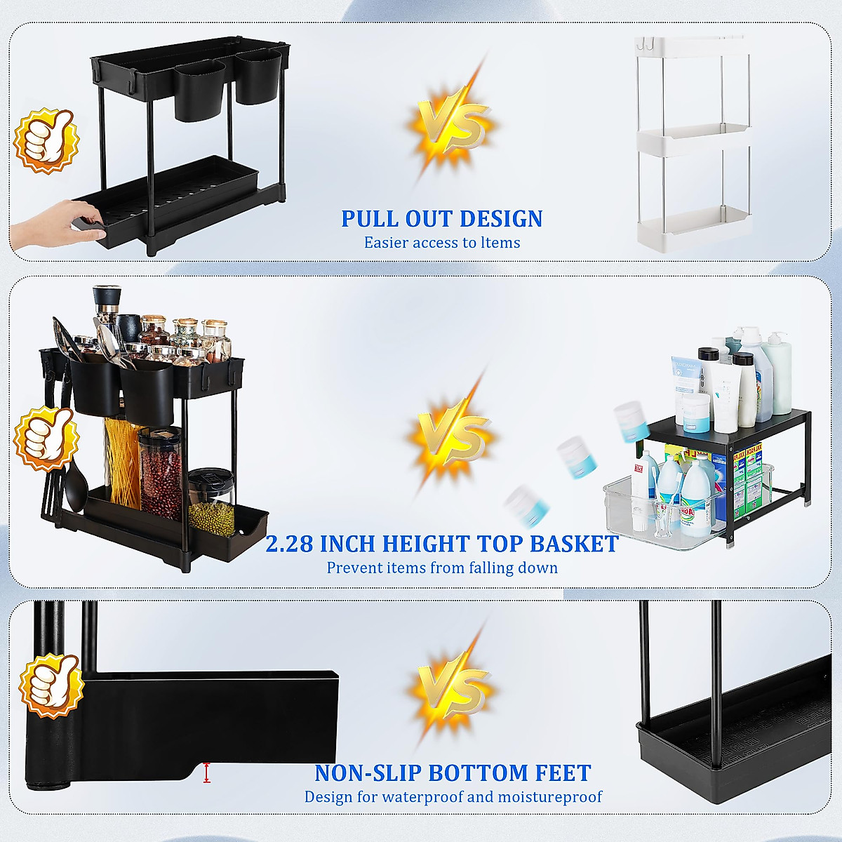 SBD 2 Pack Under Sink Organizers and Storage, 2-Tier Sliding Under Cabinet Organizer for Bathroom and Kitchen with Multi Purpose Door Organizer, 4 Cups, and 10 Hooks - Black